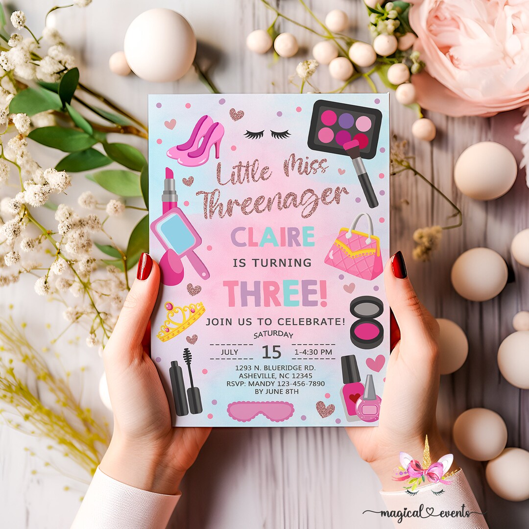 Threenager Fashion & Makeup Girl 3rd Third Birthday Invitation, Girl ...