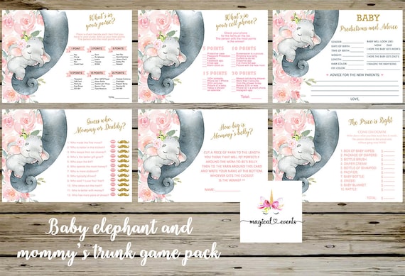 Elephant Baby Shower Games Bundle Girl Elephant Flowers Games | Etsy