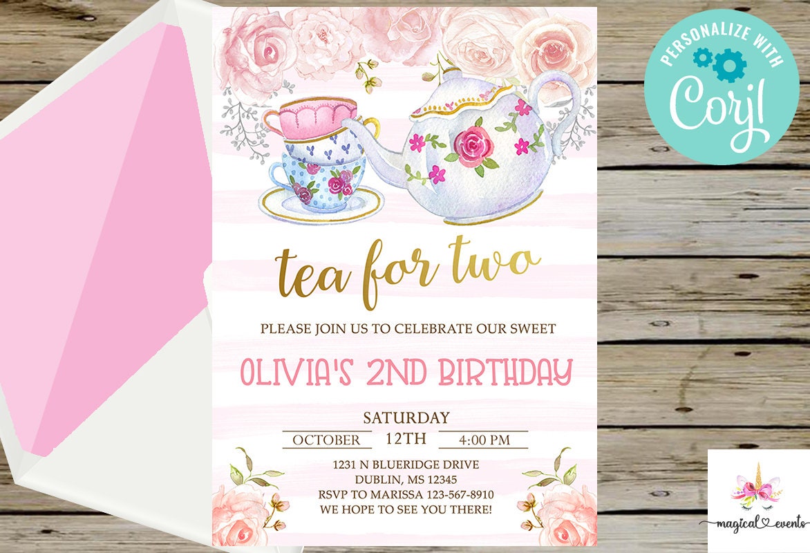 Tea for Two 2nd Birthday Invitation, Tea for Two Girl Second Birthday ...