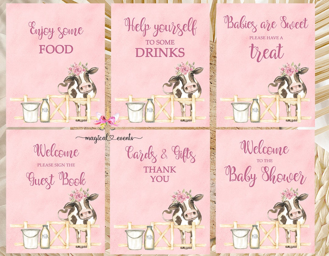 Pink Cow Baby Shower Signs Bundle, Girl Baby Shower Signs, Cow Signs ...