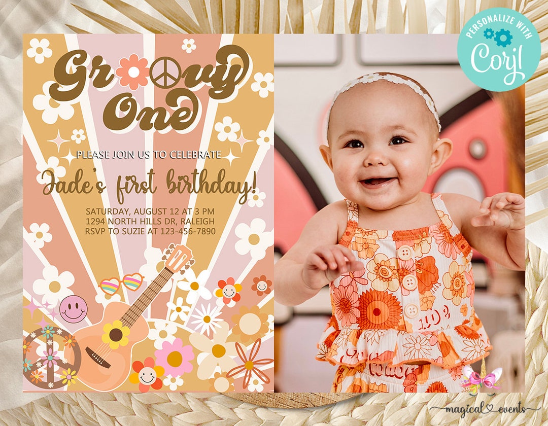 Groovy One 1st Birthday Invitation, 70's Retro Hippie Daysies Guitar ...