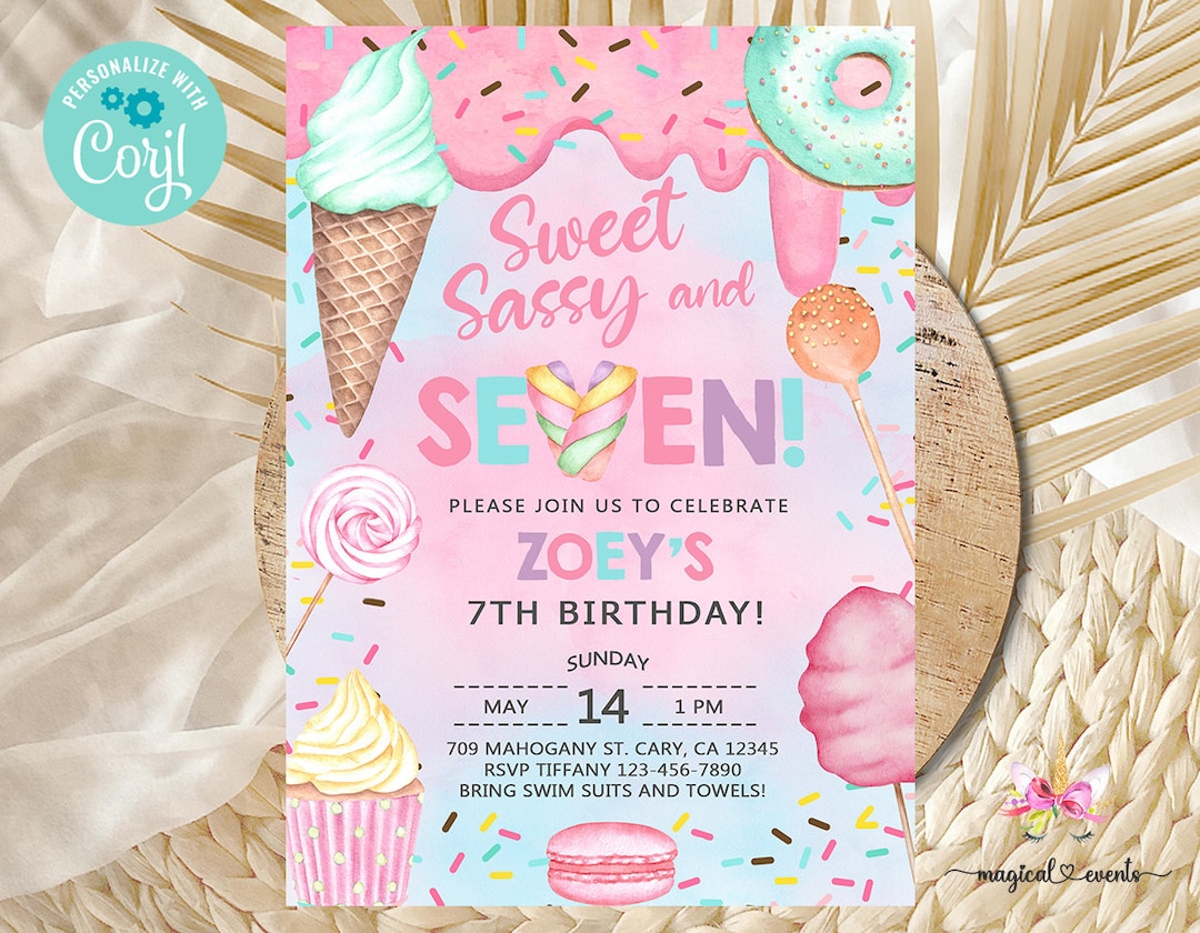 Candy SWEET SASSY and SEVEN Girl Birthday Invitation, Birthday Invite ...