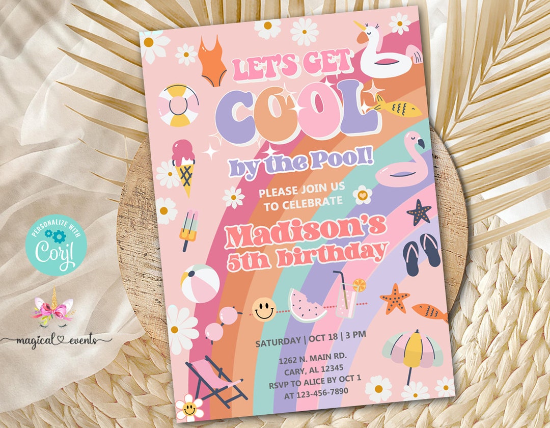 Groovy Pool Party Birthday Invitation, 70s Retro Daisies Rainbow, Girl ...