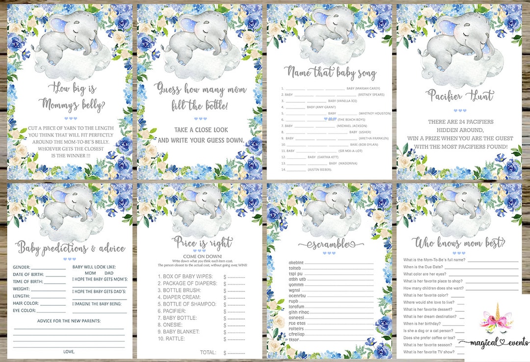 Elephant Baby Shower Games Bundle, Boy Baby Shower Games, Elephant ...