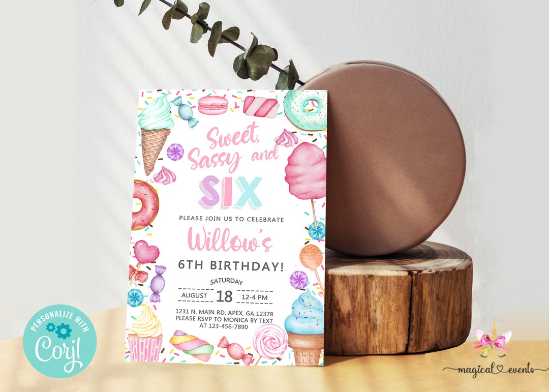 Sweet Sassy and Six Girl 6th Birthday Invitation, Birthday Invite ...