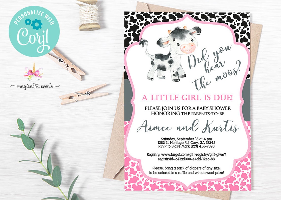 Pink Cow Baby Shower Invitation, Girl Shower Invite, Digital Printable ...