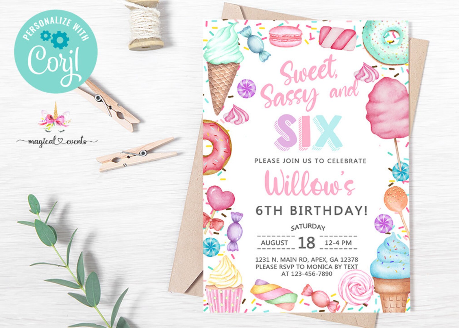 Sweet Sassy and Six Girl 6th Birthday Invitation, Birthday Invite ...