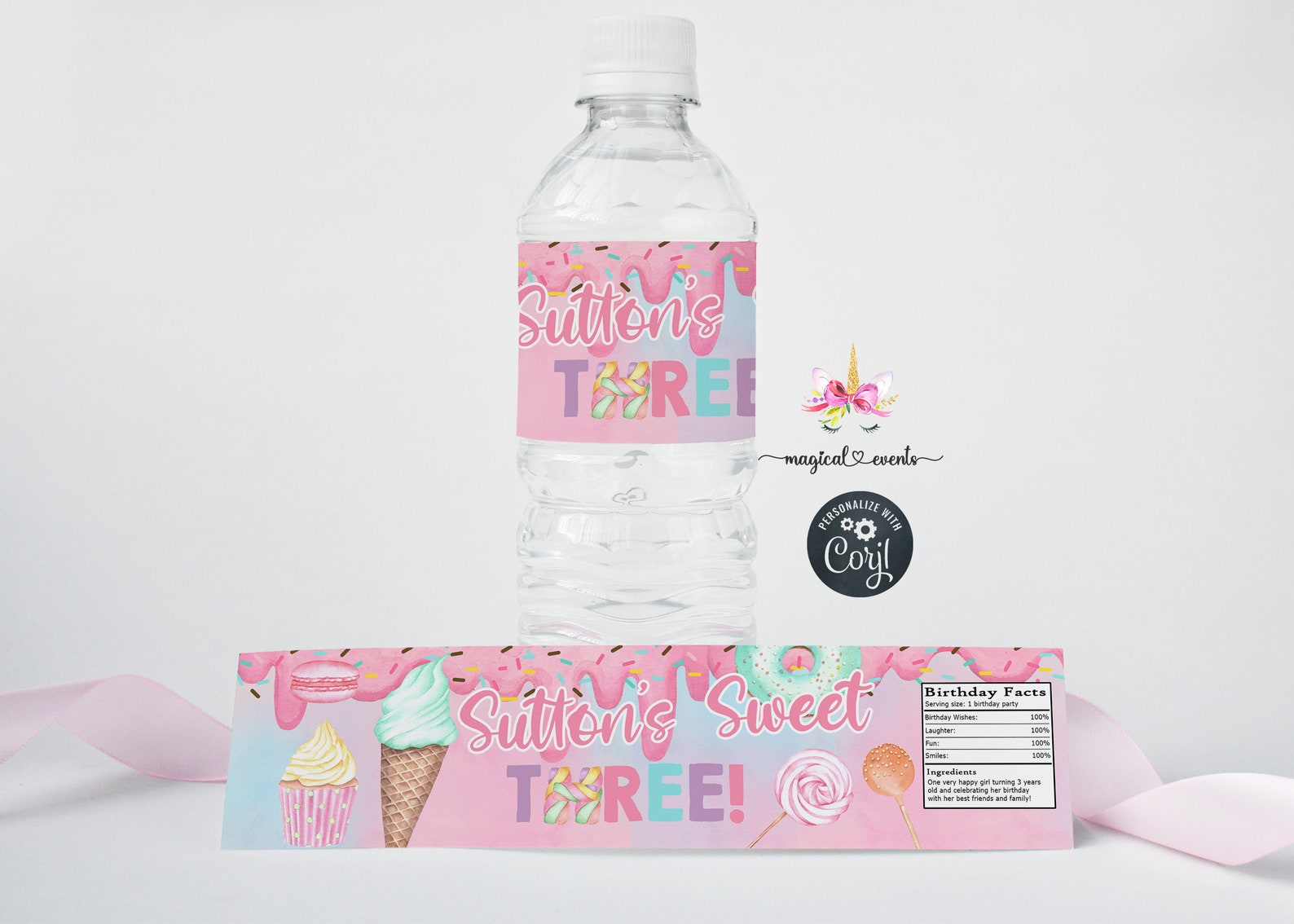 Sweet Three Birthday Water Bottle Labels, Girl Birthday Favors Favor ...