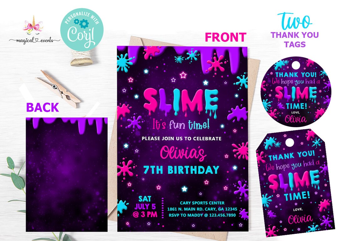 Slime Neon Girl Birthday Invitation, Back and 2 Thank You Tags, Corjl ...