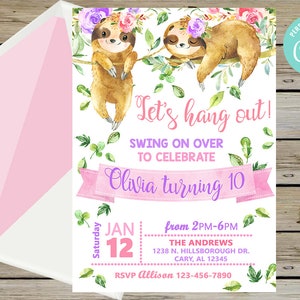Sloth Girl Birthday Invitation, Lets Hang Out Girl Birthday Invite ...