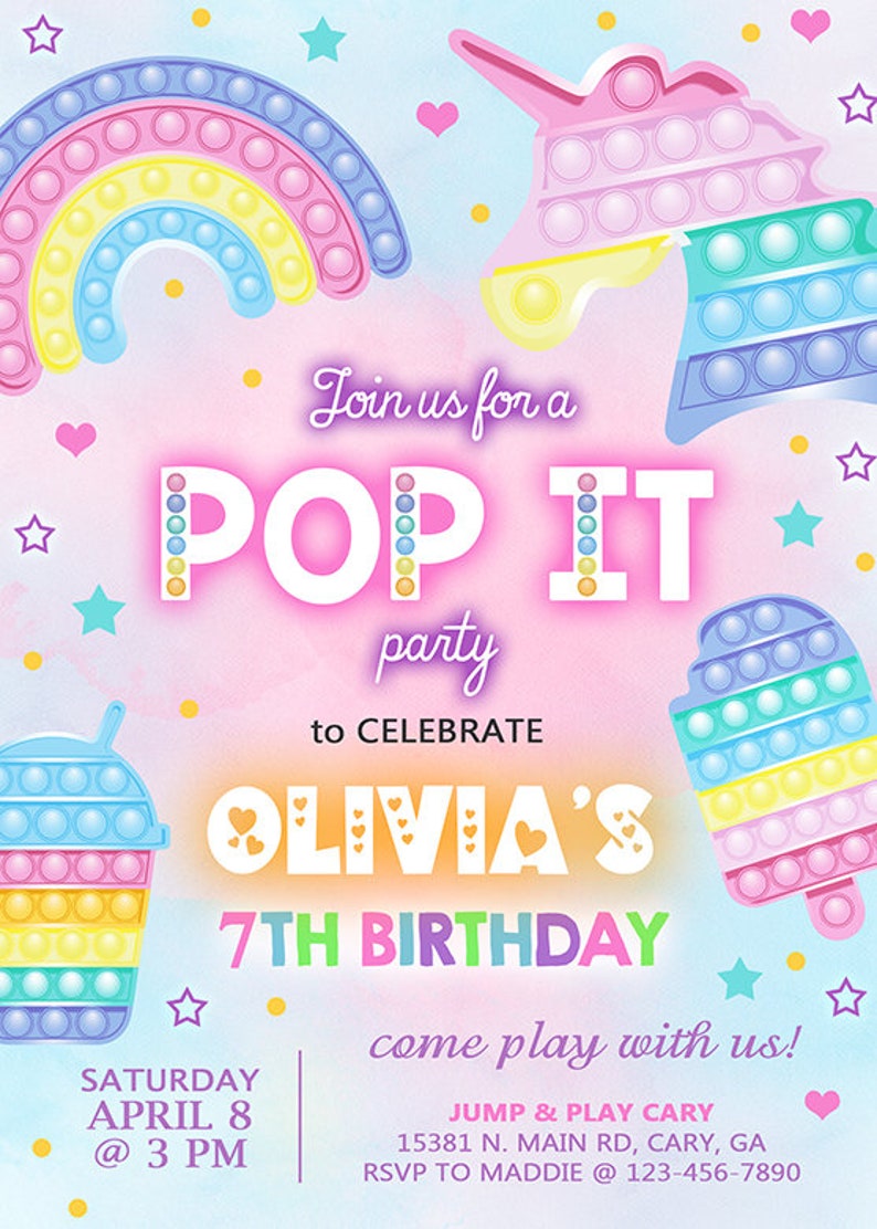 Popit Girl 7th Birthday Invitation, Any Age Birthday Invite, Digital ...