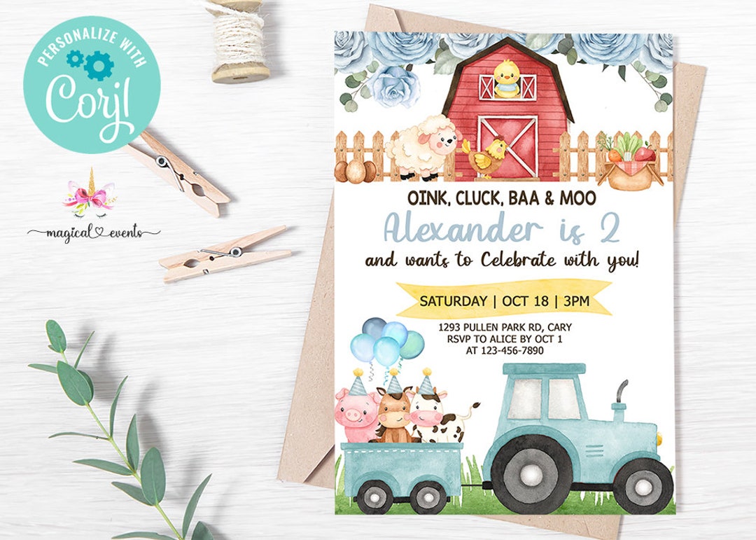 Farm Boy Birthday Invitation, Boy Farm Animals & Tractor Birthday ...