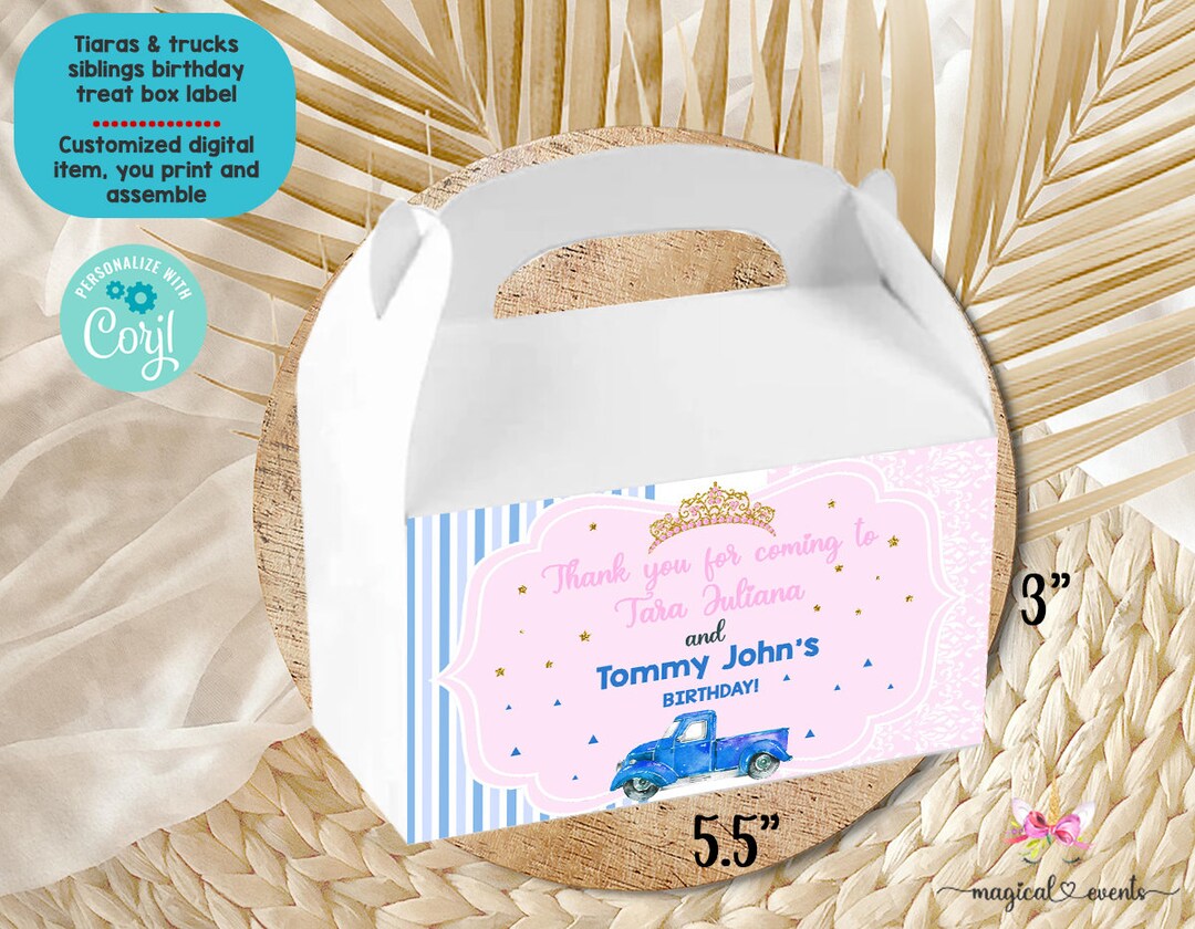 Tiaras and Trucks Treats Box, Gable Box, Favor Box, Siblings Birthday ...