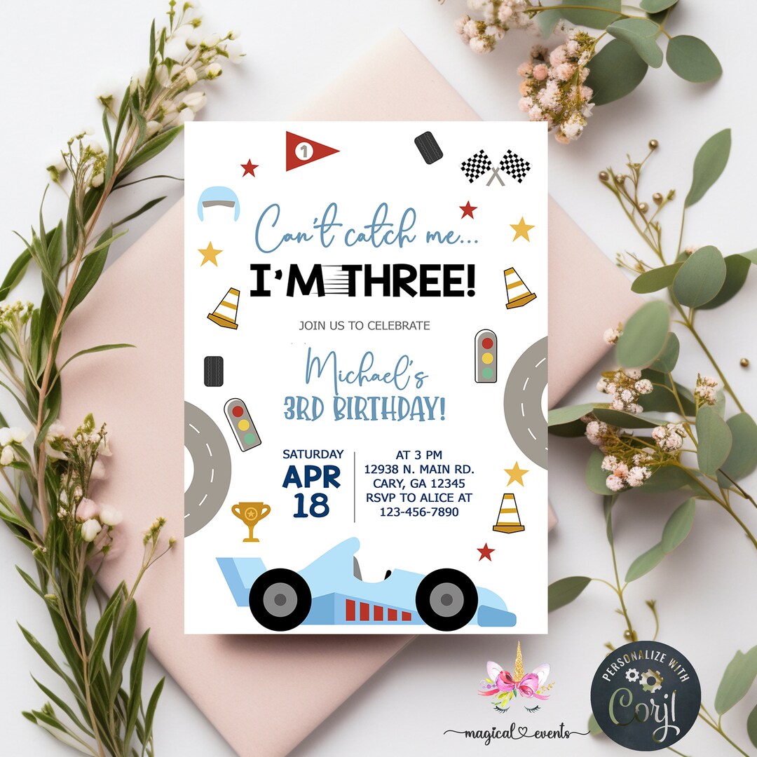 Race Car Boy Birthday Invitation, Can't Catch Me I'm Three Boy 3rd ...
