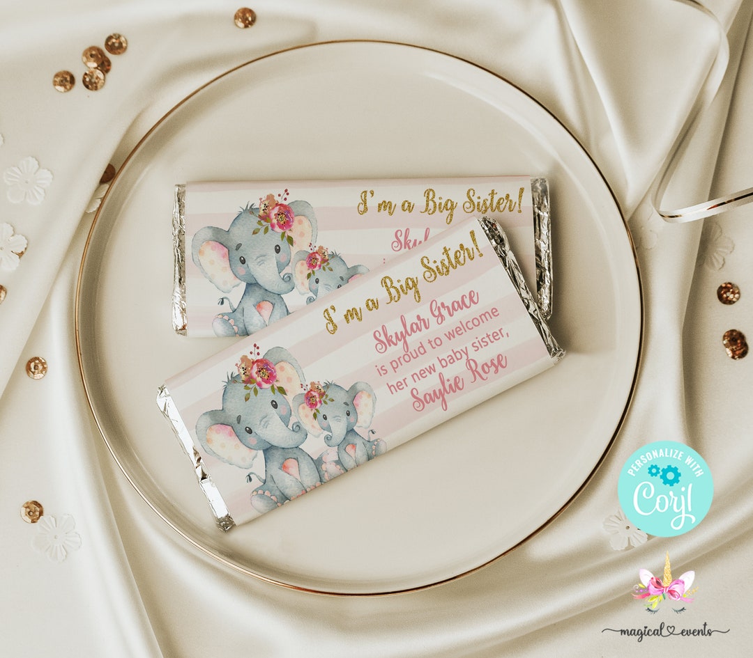Pink Elephants Big Sister Candy Wrapper, Girl Welcome Baby Sister ...
