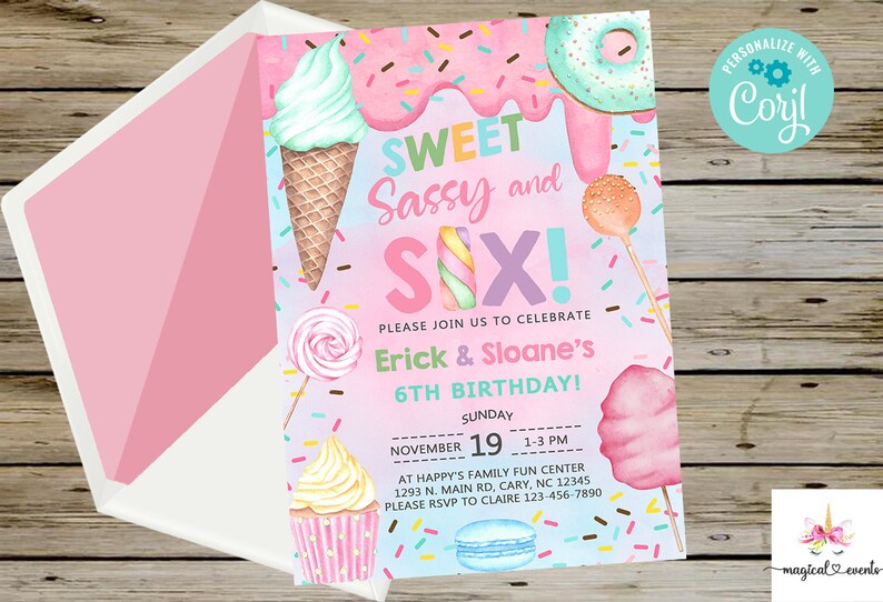 SWEET SASSY and SIX Girl & Boy Birthday Invitation, Siblings Birthday ...