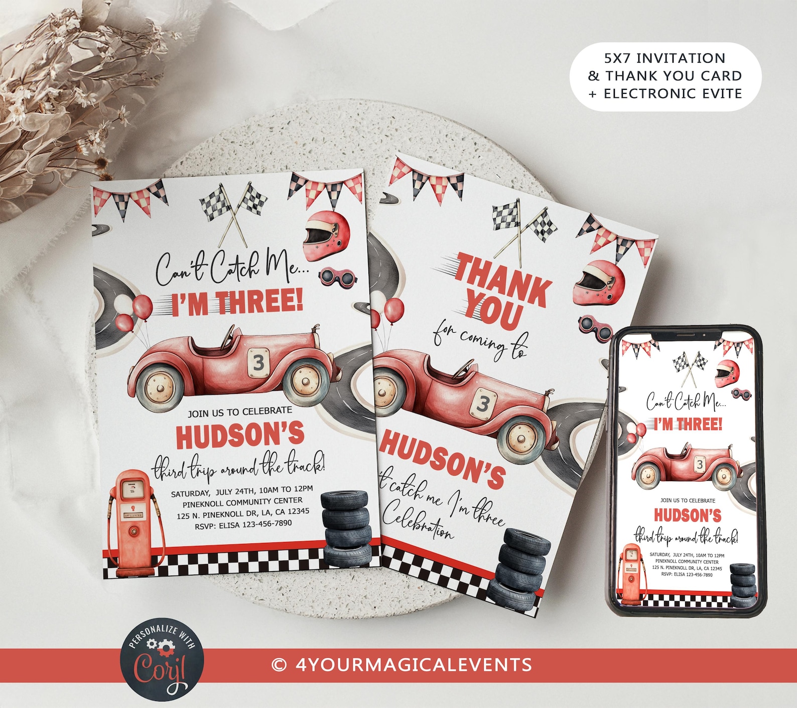 Can't Catch Me I'm Three Boy Race Cars Birthday Invitation Bundle ...