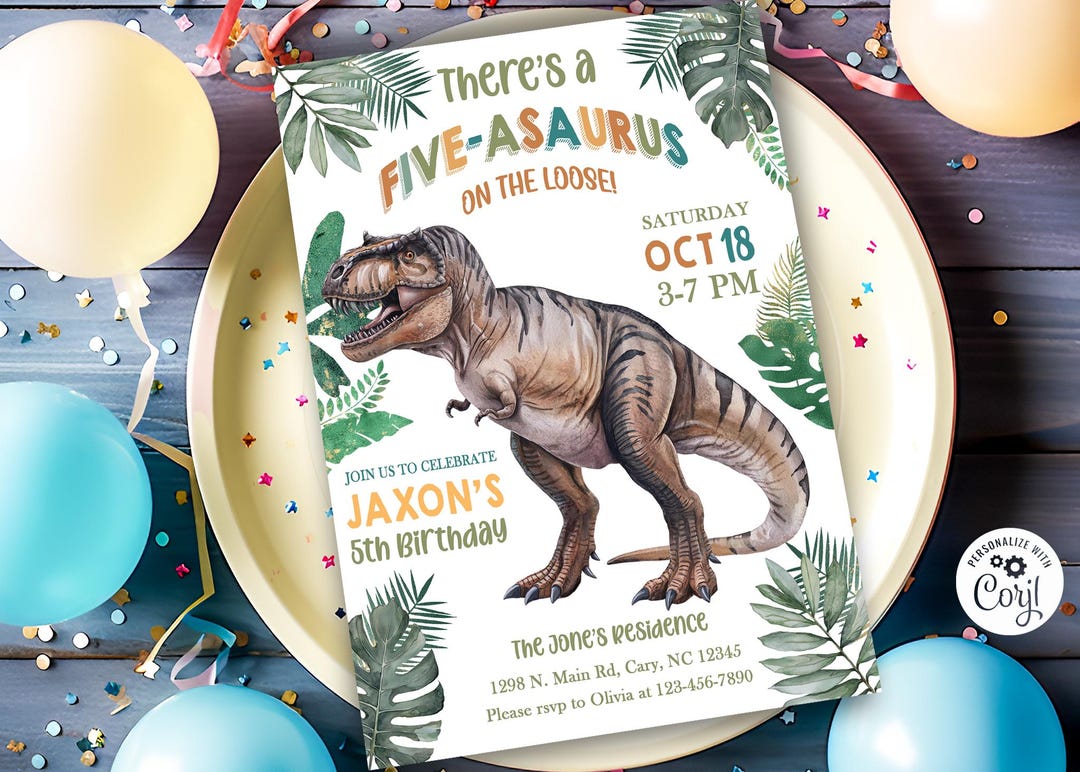 Dinosaurs FIVE-A-SAURUS Boy 5th Birthday Invitation, Dinosaur Dinos Boy ...