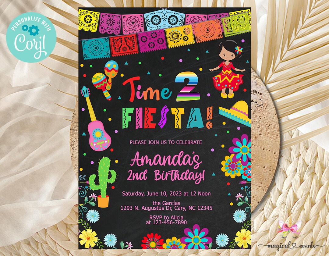 Girl Fiesta Birthday Invitation, Girl 2nd Second Birthday Invite, Time ...