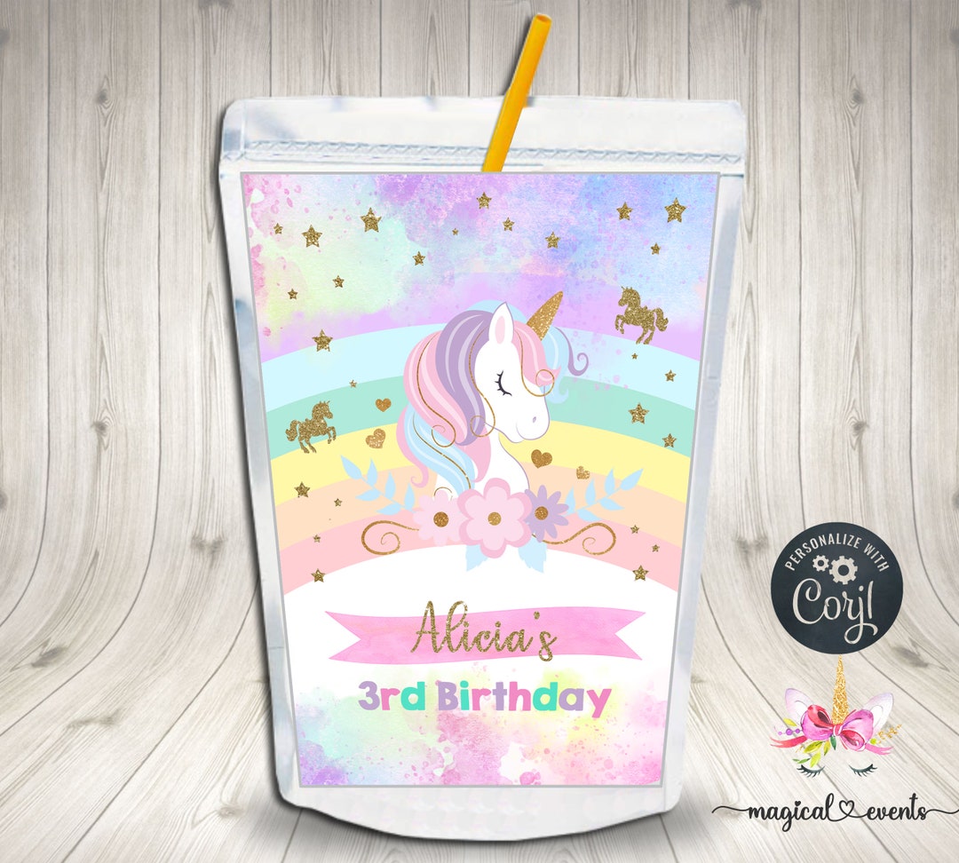 Unicorn & Rainbow Juice Pouch Labels, Girl Unicorn Birthday Party Favor Favors, Customized Juice ...