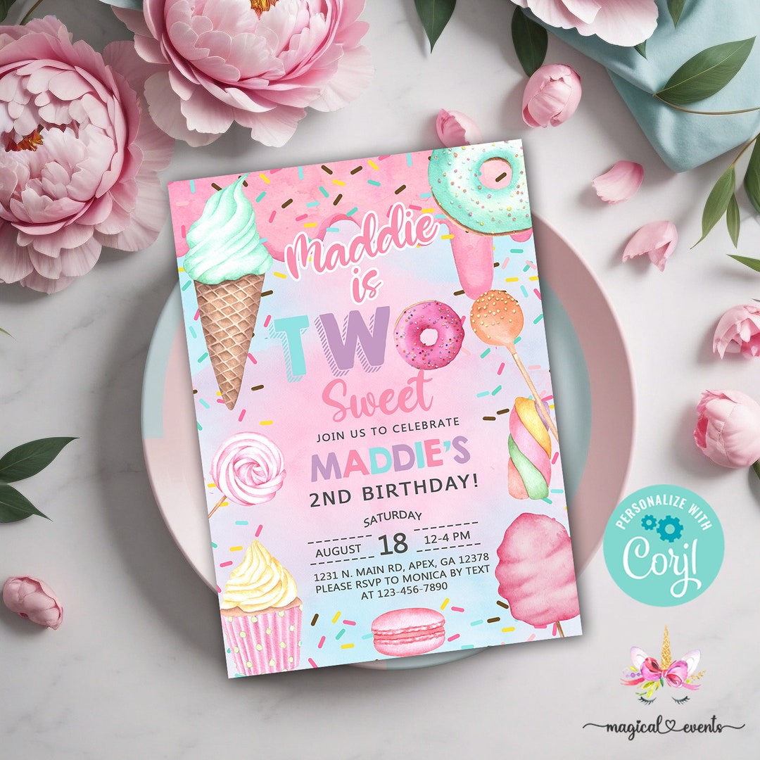 Two Sweet Girl 2nd Birthday Invitation, Girl Second Birthday Invite ...
