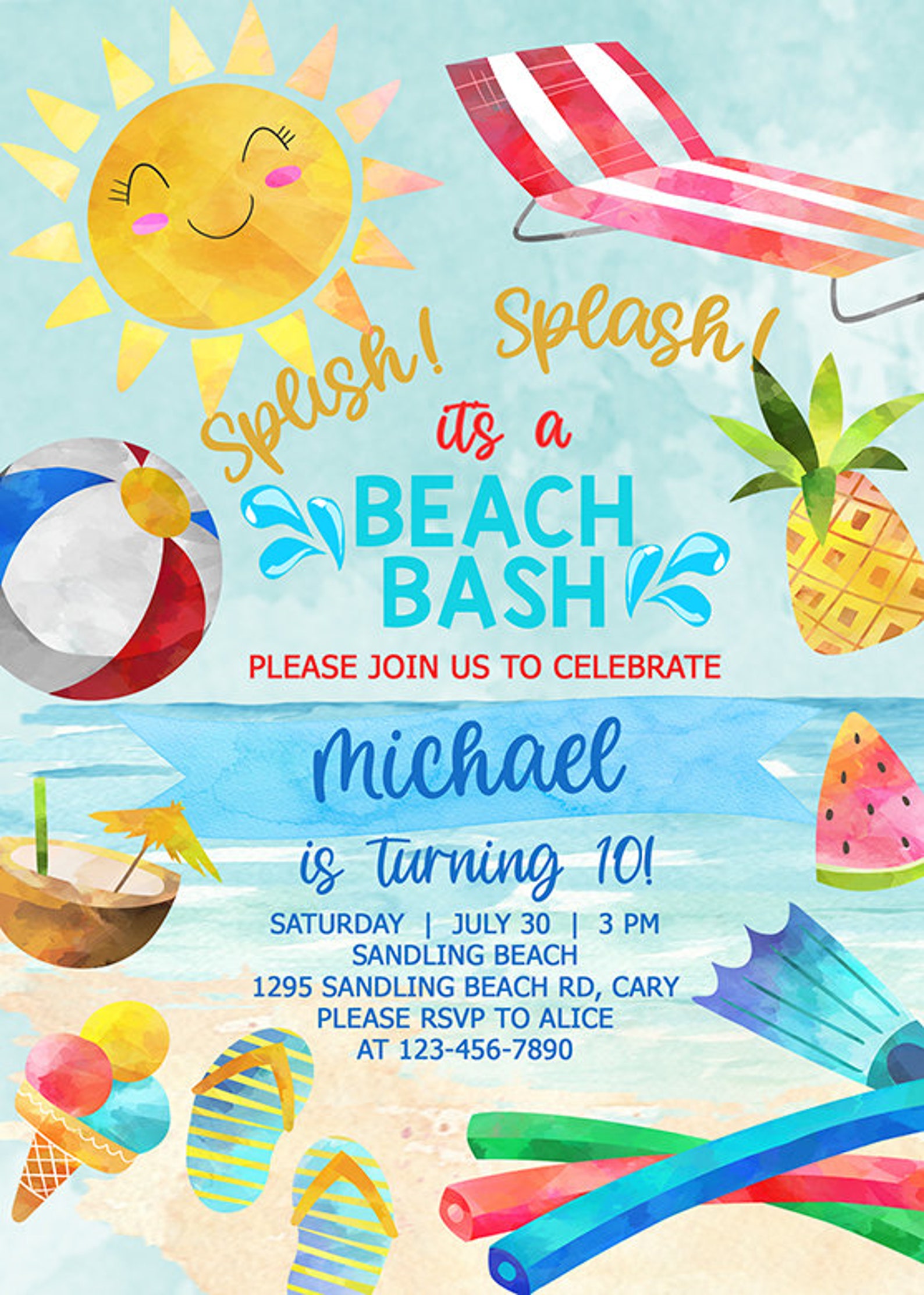 Beach Bash Boy Birthday Invitation Splish Splash Beach - Etsy