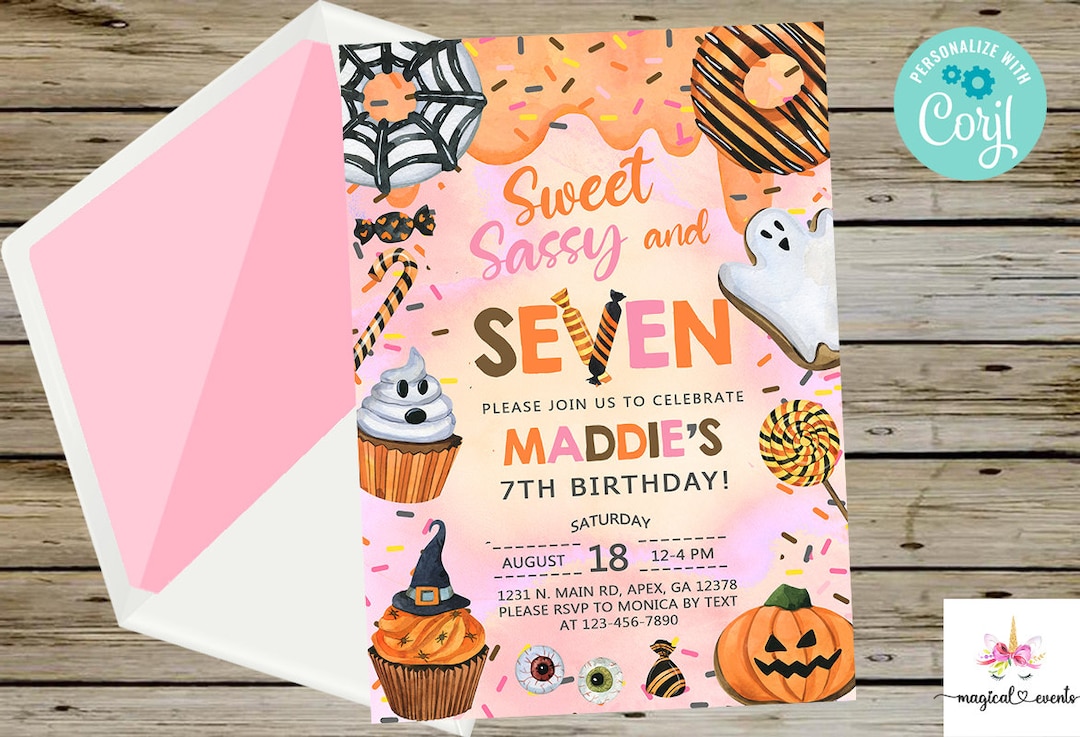 Candy SWEET SASSY and SEVEN Girl Halloween Birthday Invitation ...