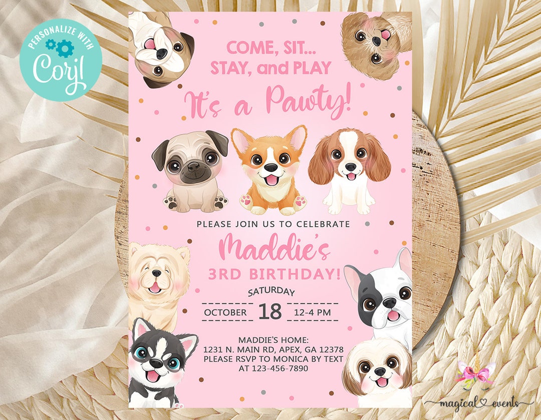 Girl Dogs Puppies Birthday Invitation, Girl Pink Birthday Invite, Dog ...