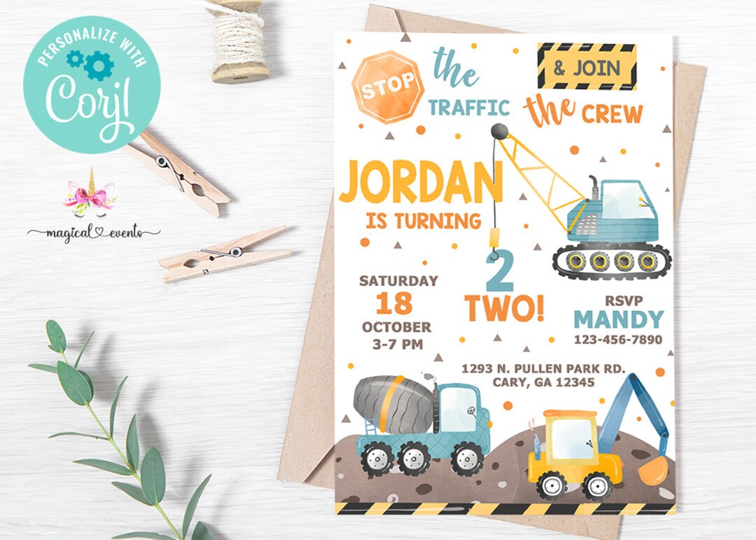 Construction Trucks Boy Birthday Invitation, Invite, Digital Printable ...