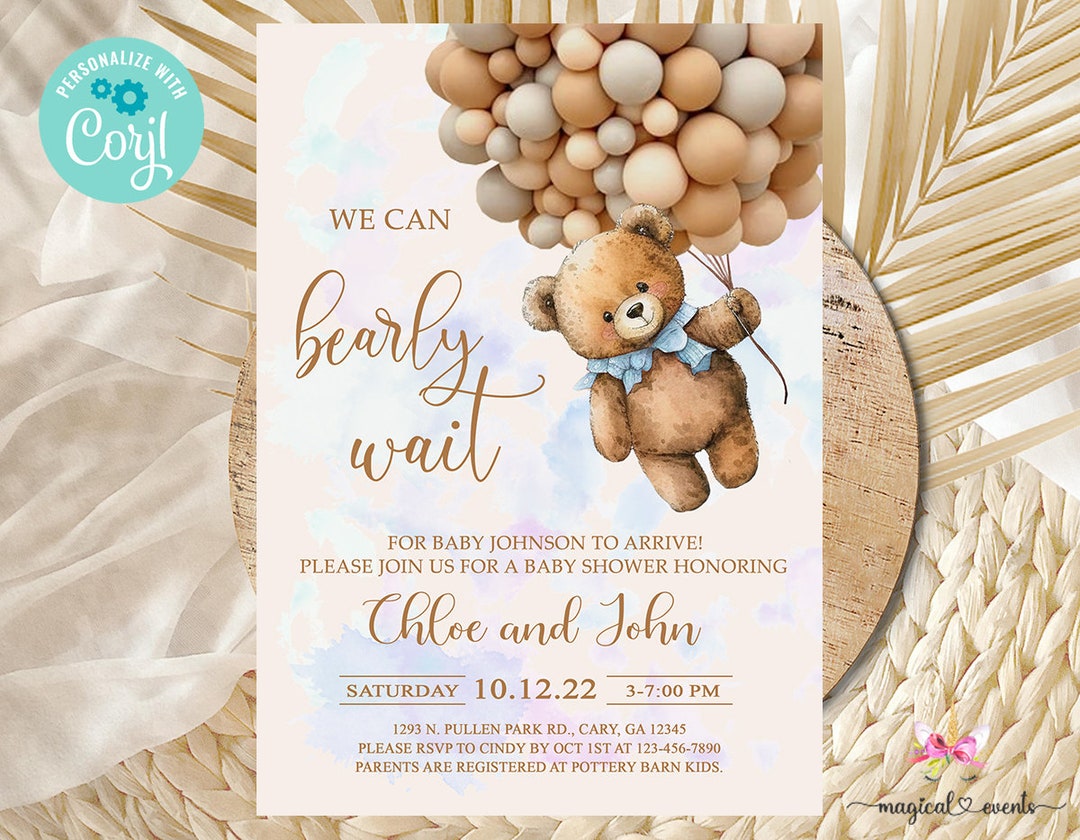 Bearly Wait Bear Baby Shower Invitation, Boy Invite Brown Balloons ...