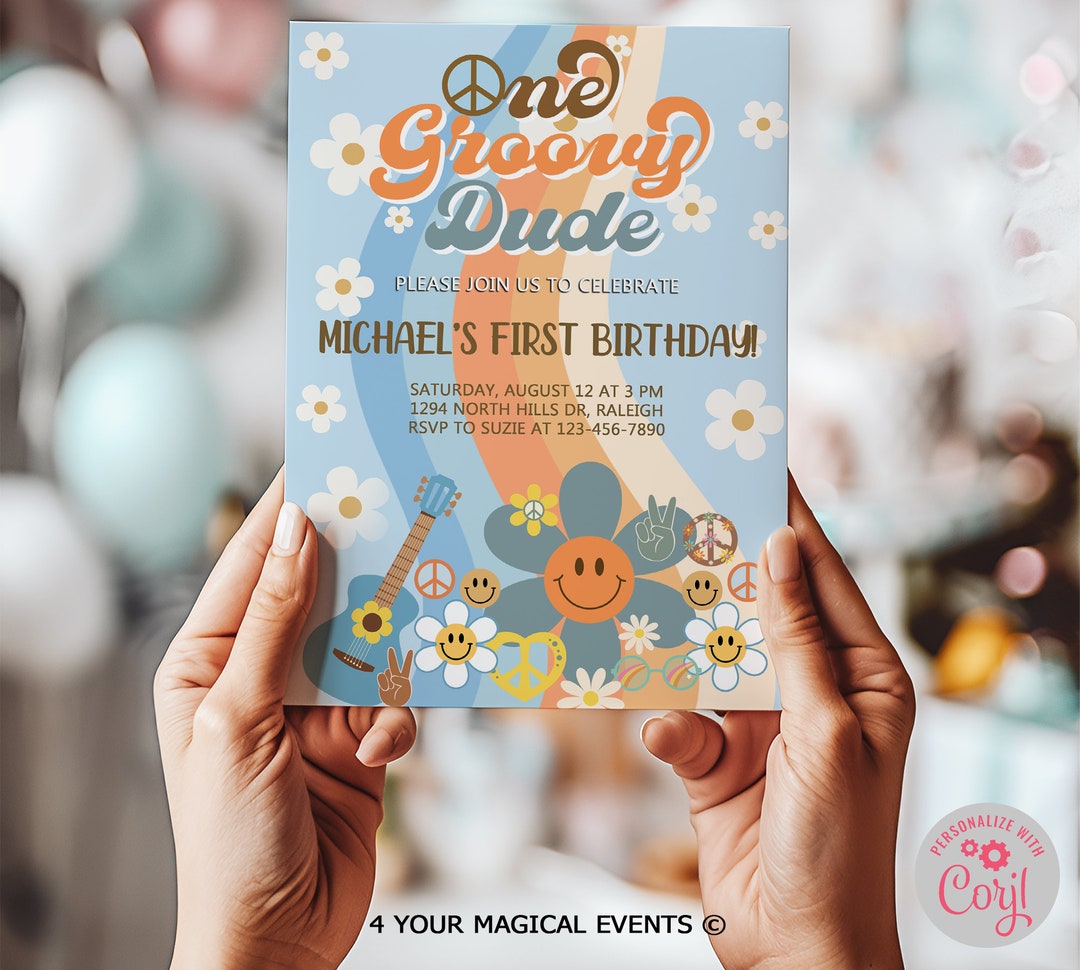One Groovy Dude 1st Birthday Invitation, 70's Retro Hippie Guitar ...