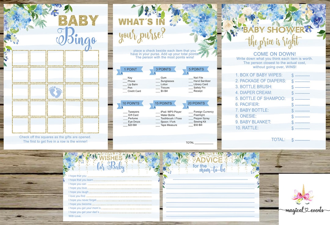 Blue Flowers Baby Shower Games Bundle, Boy Baby Shower Games and Cards ...