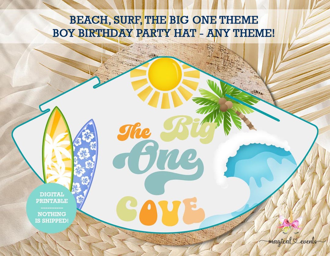 Surf, Beach, Wave, THE BIG ONE Boy Birthday Party Hat, Boy 1st Birthday ...