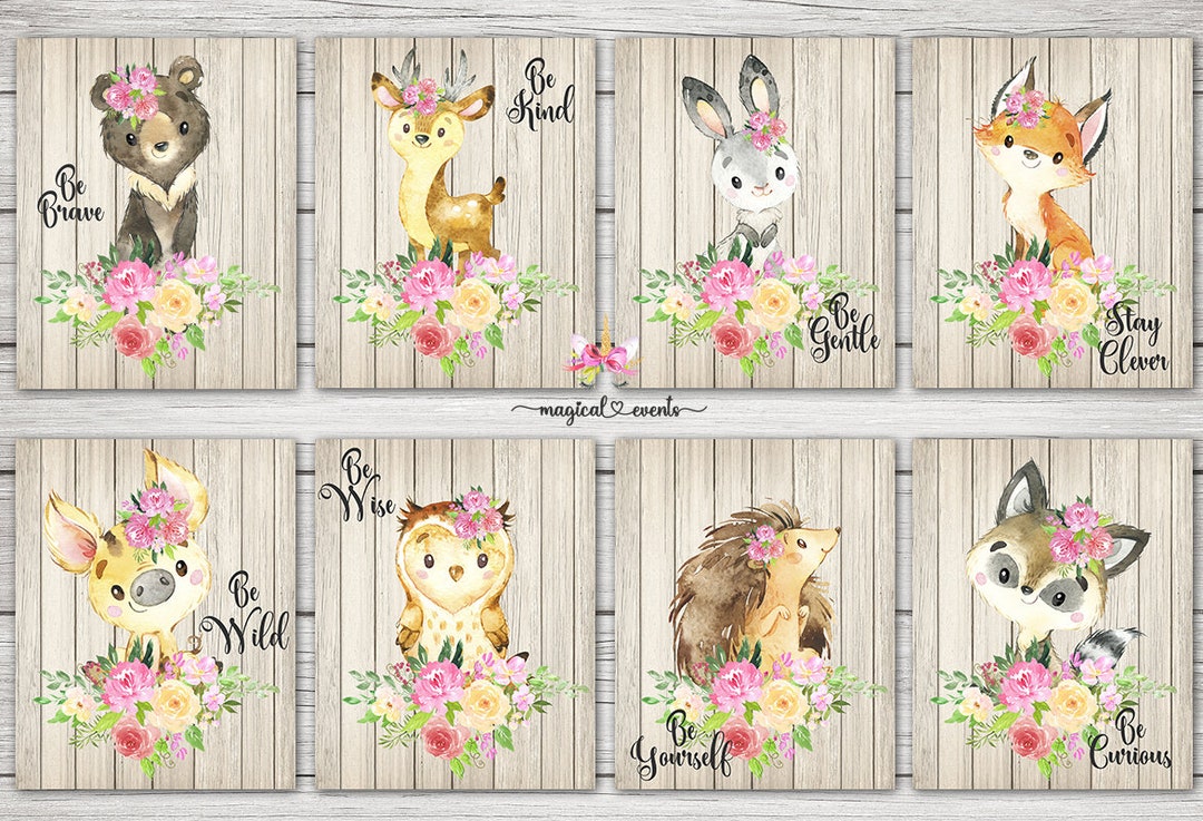 8 Woodland Animals Girl Wall Art, Bear Owl Fox Raccoon Fox Decor ...