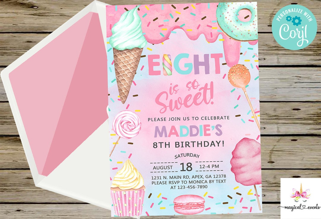 Candy EIGHT is SO SWEET Girl 8th Birthday Invitation, Birthday Invite ...