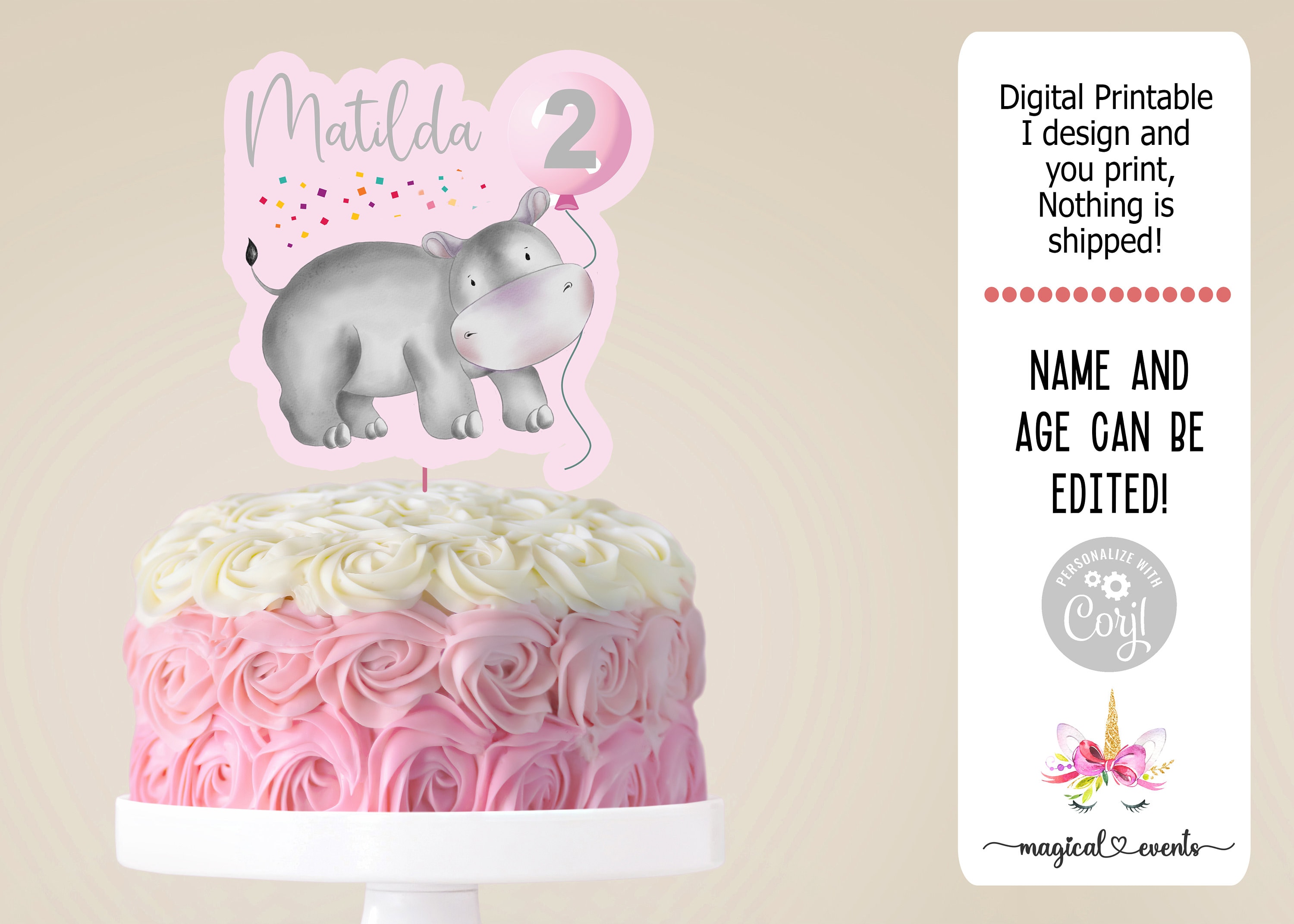 Pink Hippo Girl Birthday Cake Topper or Centerpiece, Girl Pink Hippo ...