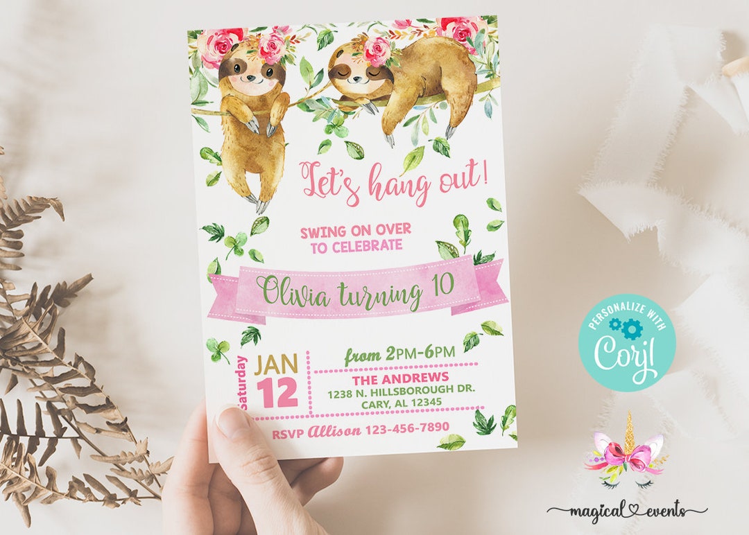 Sloth Girl Birthday Invitation, Lets Hang Out Girl Birthday Invite ...