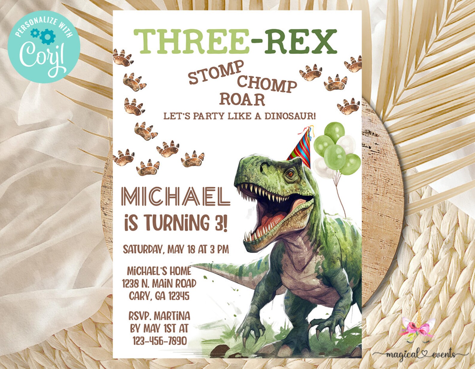 Three-rex Dinosaur Boy Birthday Invitation, Boy Invite, T-rex, Digital ...