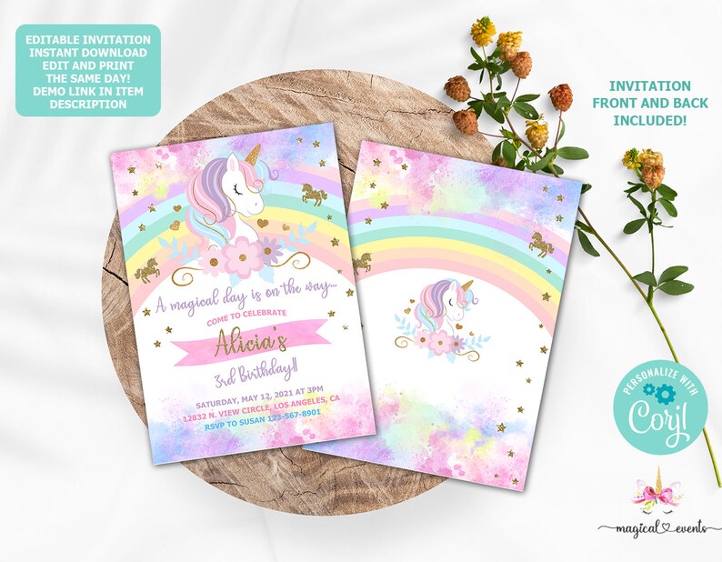 Unicorn and Rainbow Birthday Invitation, Girl Birthday Invite, Digital ...