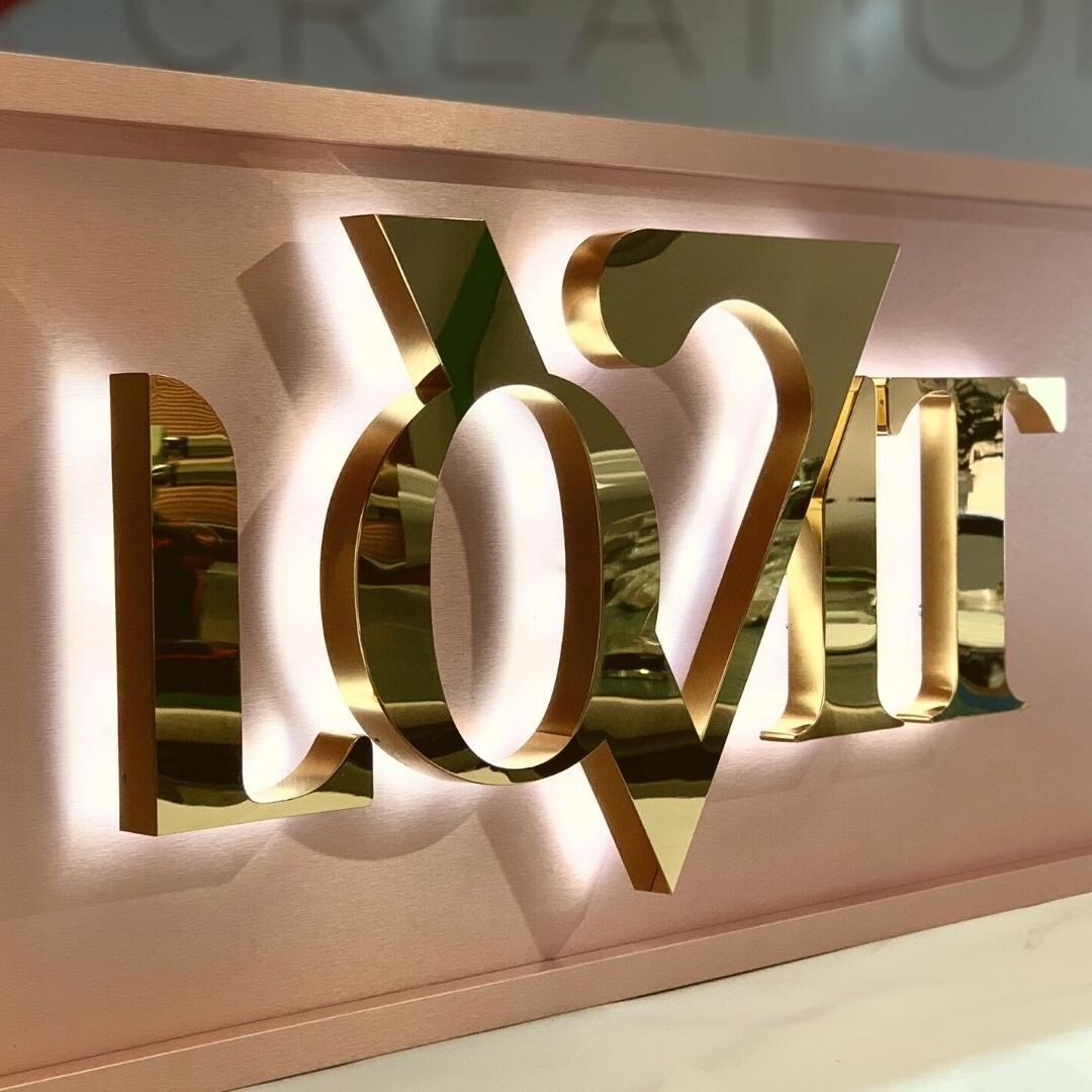 3D Metal Backlit Sign, Mirror Gold Sign, Custom Business Signs, LED ...