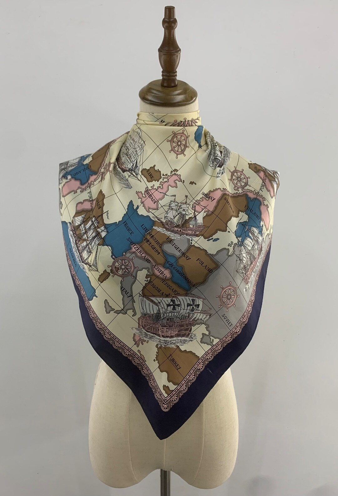 Vintage Silk Scarf Sea World Map, Pure Silk Twill Neck Scarf, Vintage 90s Accessories Classic ...