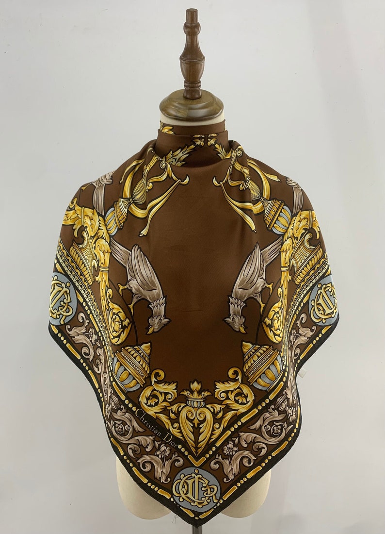 Vintage Christian Dior Silk Scarf Brown Gold Baroque Scarf Foulards ...