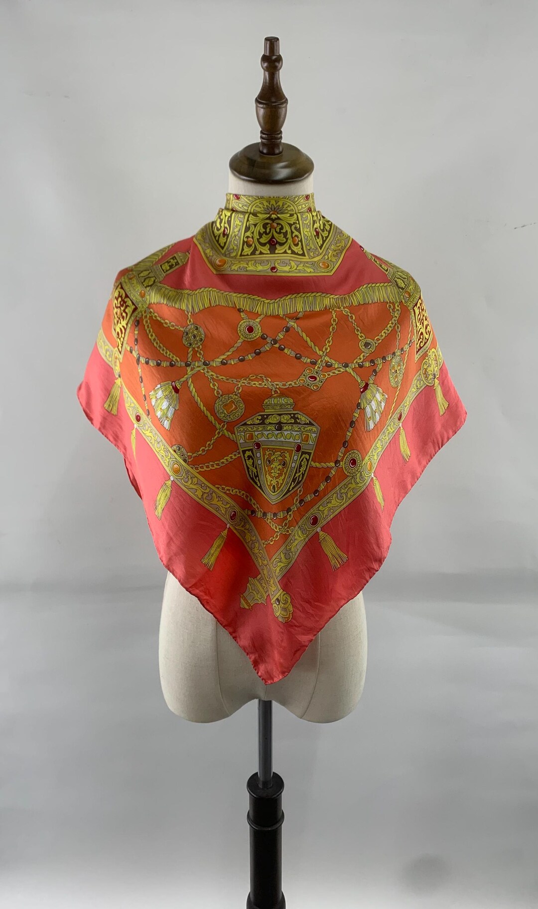 Vintage Silk Scarf Pink Orange Tasseled Pattern Scarves Square Foulards ...
