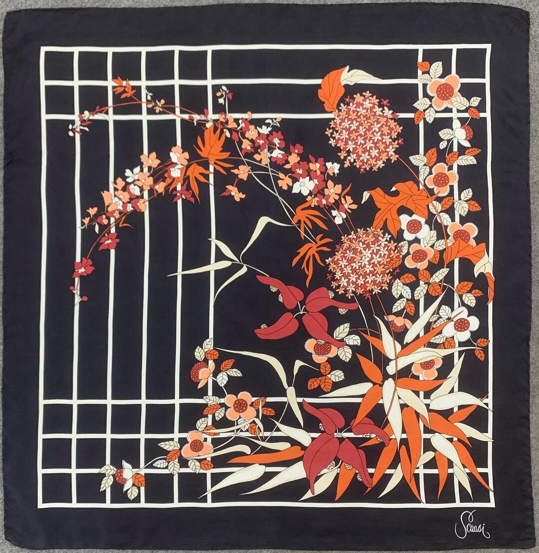 Vintage Scaasi Silk Scarf Black Floral Pattern Head Scarf Women ...