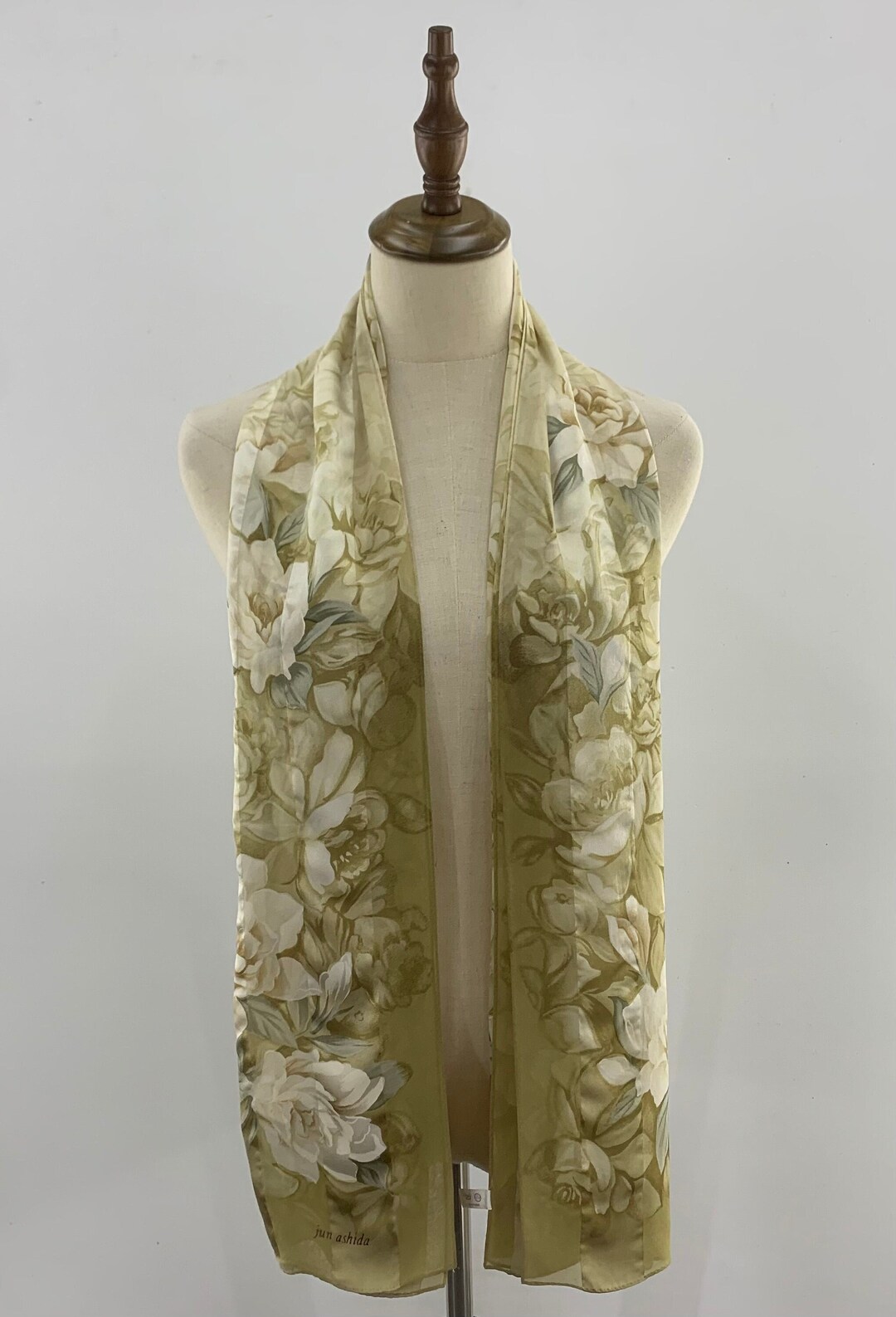Vintage Jun Ashida Silk Scarf, Olive Scarf Flowers Print, Japanese ...