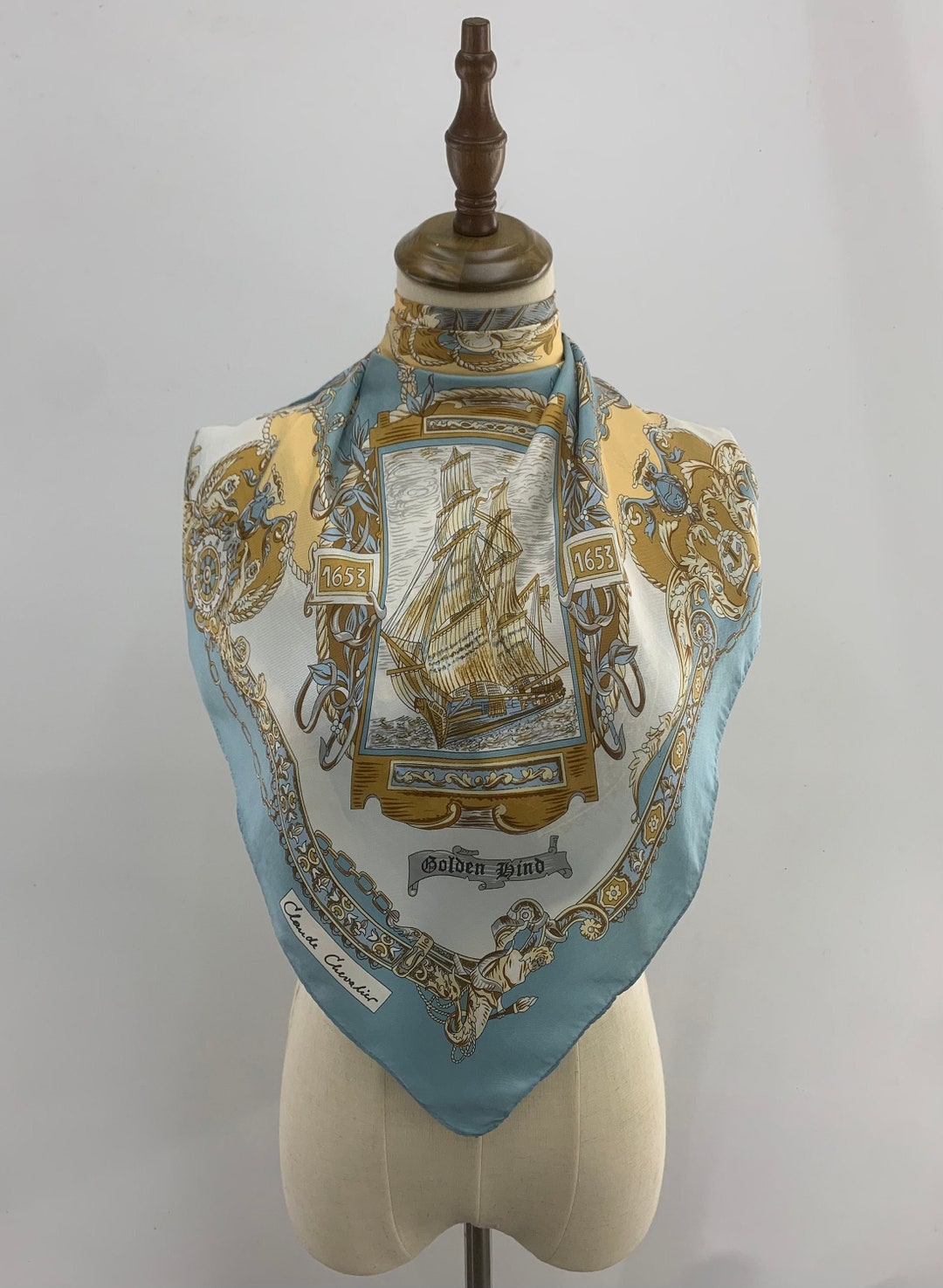 Vintage Claude Chevalier Silk Scarf Ship Sailing Boat Classic Print ...