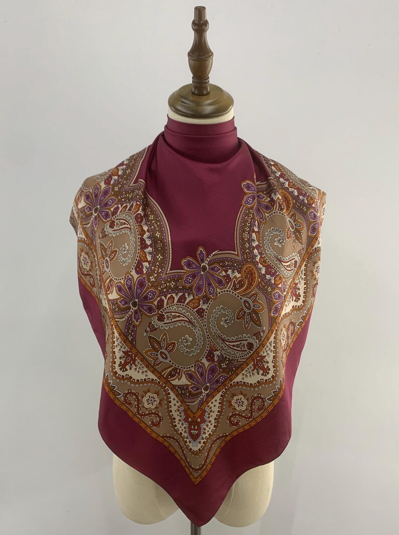 Vintage Paisley Maroon Silk Scarf 90cm Carre Foulards Floral Classic ...