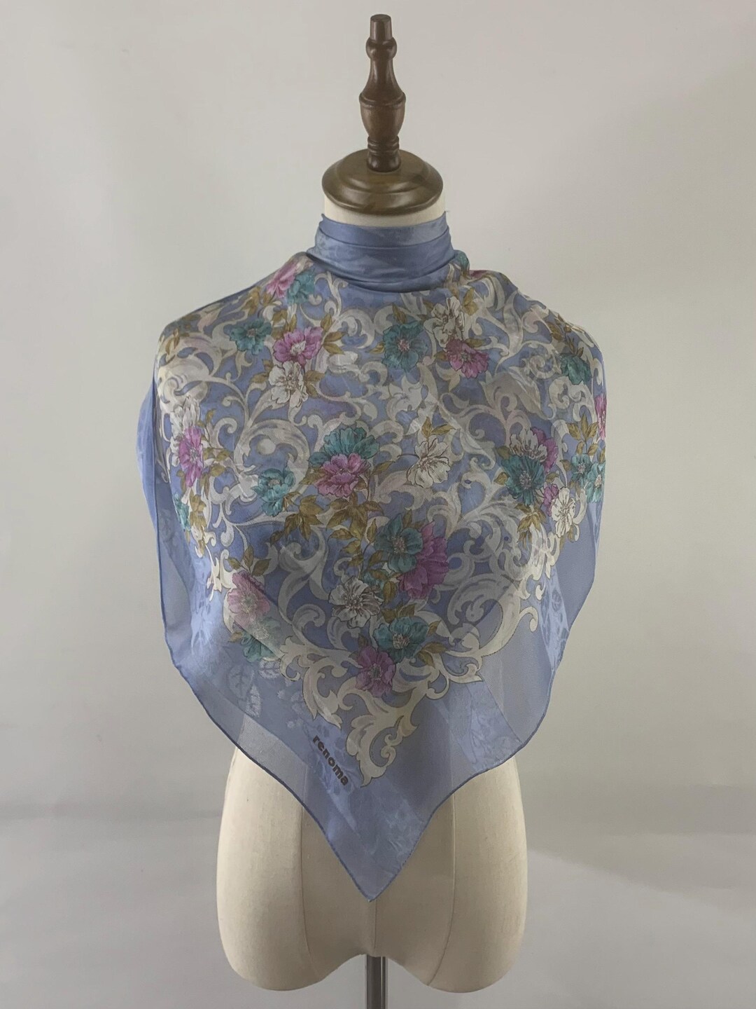 Vintage 90s Renoma Silk Scarf Blue Floral Pattern Head Scarf Women ...