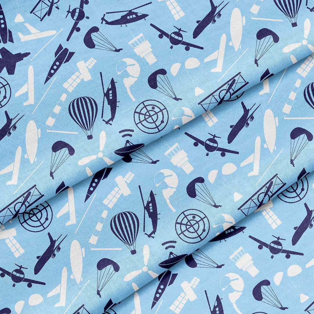 Fabric by the Yard ( Cute Aviation Icons Set Blue Print Pattern ) for ...