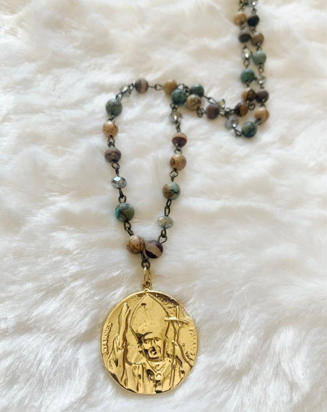 18kt Gold Coin Pendant the Pope on Beautiful Jasper Necklace - Etsy